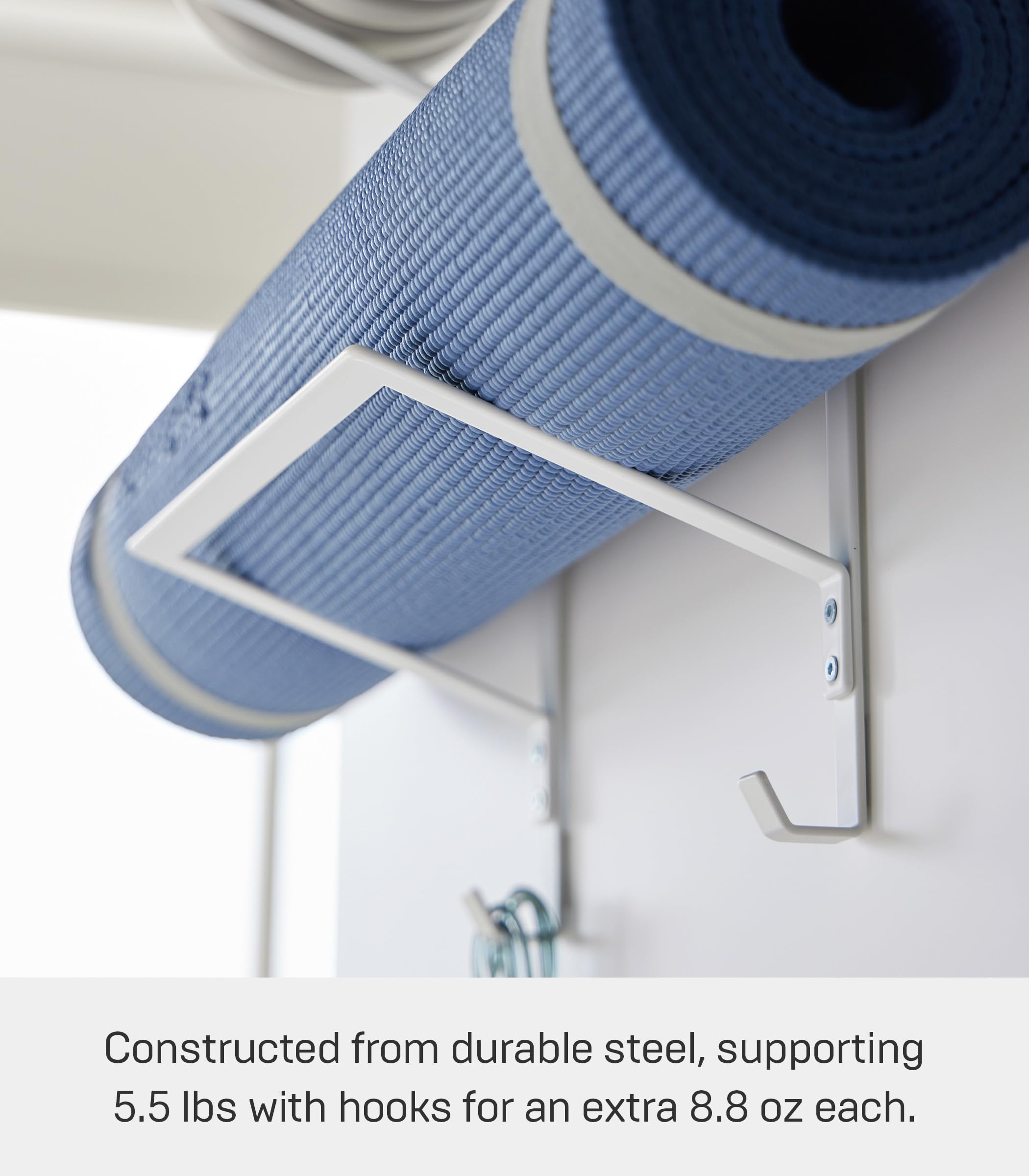 Yamazaki Home Tower Over-The-Door Yoga Mat Storage Hanger - 3-Tier Organizer for Foam Rollers, Backpacks, Hats, Bags - Extra Closet Space Saver - Steel