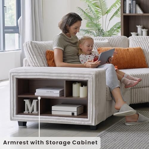 Sectional Sofa Couches for Living Room: 142" Oversized Modular L Shaped Sofas with Storage - Beige 5 Seats Corner Sofa Faux Fur Plush Fabric Orange Pillows