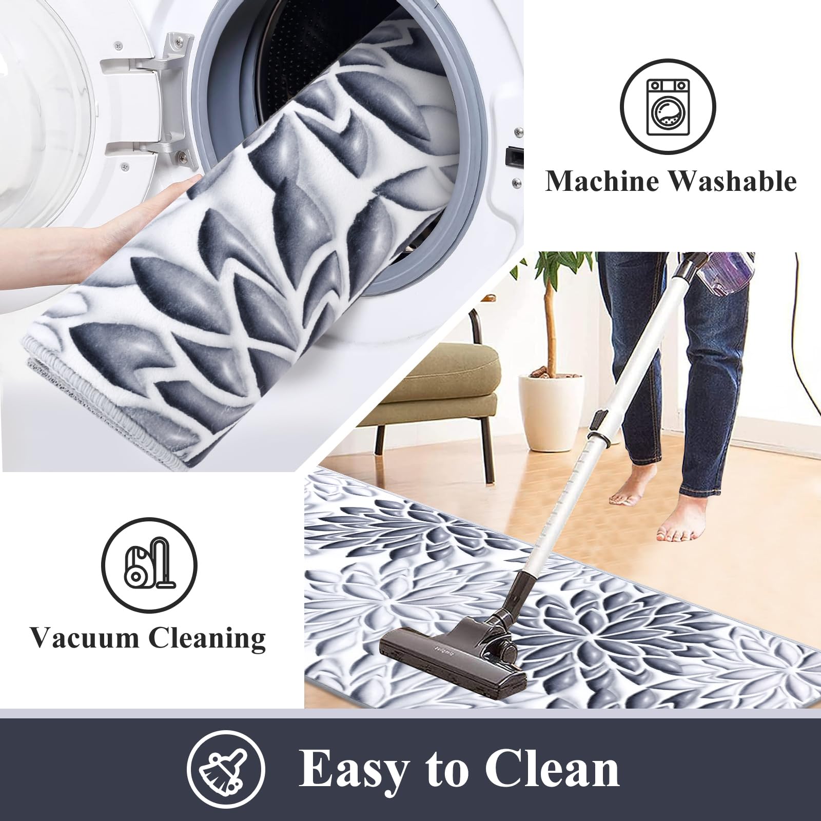 Vaukki Floral Kitchen Rug Sets 3 Pieces, Washable Kitchen Mats for Floor, Non Slip Soft Kitchen Area Rug Floor Mat for Kitchen, Laundry Room and Hallway (Grey, 20''x32''+20''x47''+20''x59'')