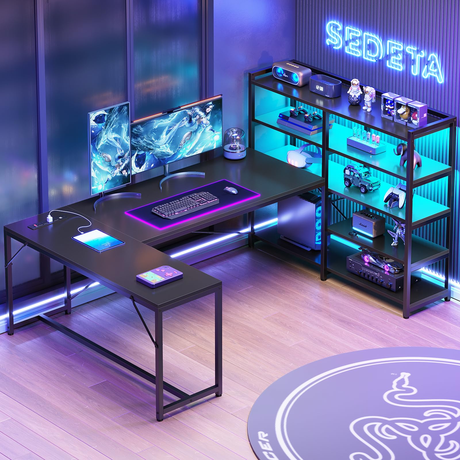 SEDETA L Shaped Desk with Storage Shelves, 62.6" U Shaped Computer Desk, L Shaped Gaming with LED Lights and Hook for Home Office, Rustic Brown