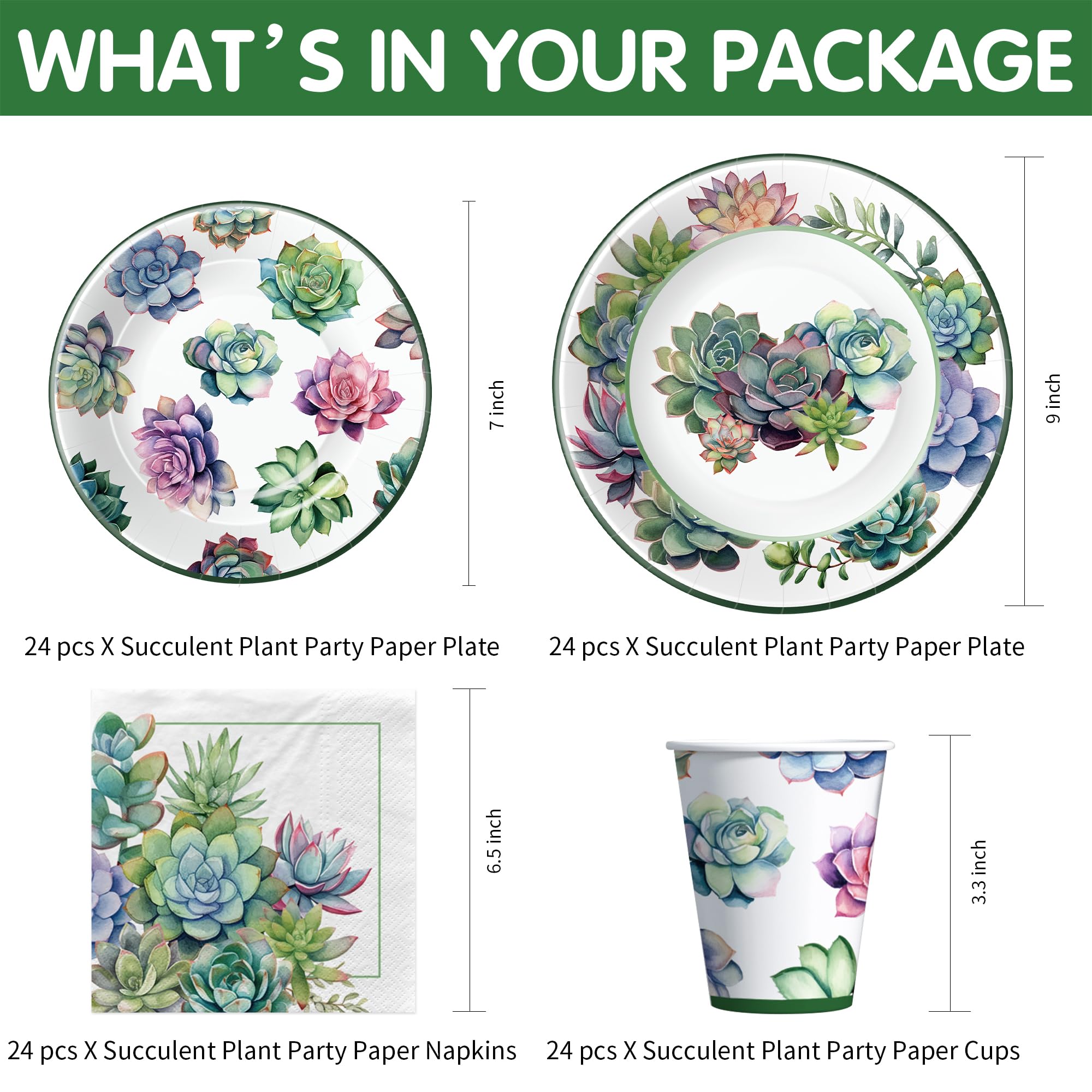Xigejob Succulent Party Decorations Tableware - Succulent Party Supplies Dinnerware For Birthday & Baby Shower & Wedding & Bridal Shower, Paper Plate, Cup, Napkin, Tablecloth, Cutlery Straw | Serve 24