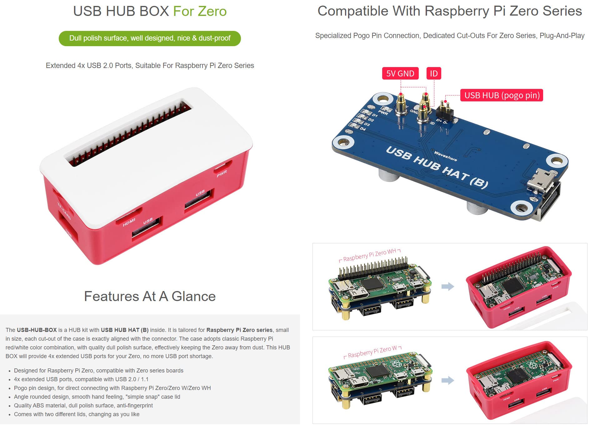 Waveshare USB HUB Box for Raspberry Pi Zero Series 4X USB 2.0 Ports Suitable for Raspberry Pi Zero Series