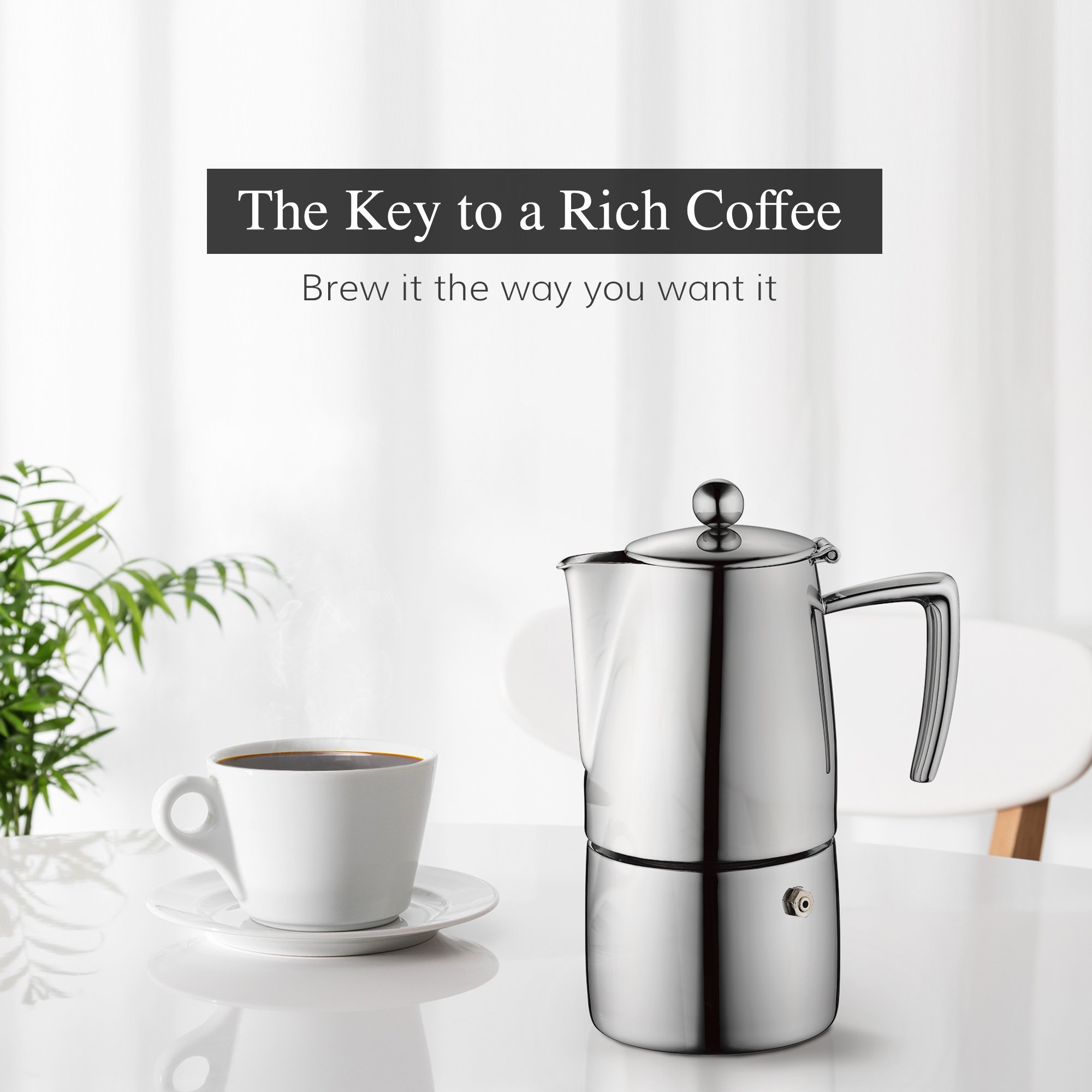 Minos Moka Pot Espresso Maker: Makes 6 Espresso Shots Suitable for Ceramic, Gas and Electric Stovetop - Stainless Steel With Flat Bottom and Heatproof Handle, Wear and Scratch-Resistant