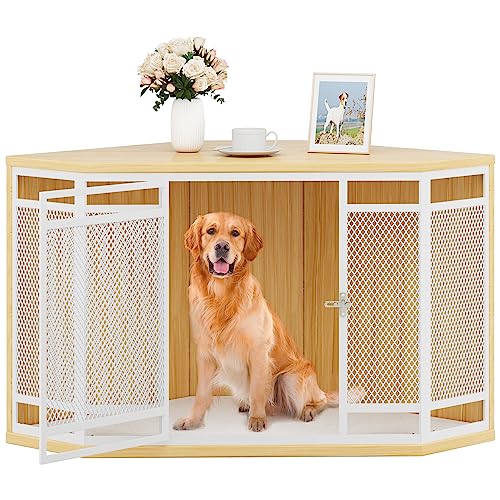 YITAHOME Corner Dog Crate Furniture, 43.7 inch Wooden Dog Kennel with Metal Mesh, End Table, Indoor Dog Cage, Dog House Pet Crate for Small Medium Large Dogs,Walnut Color
