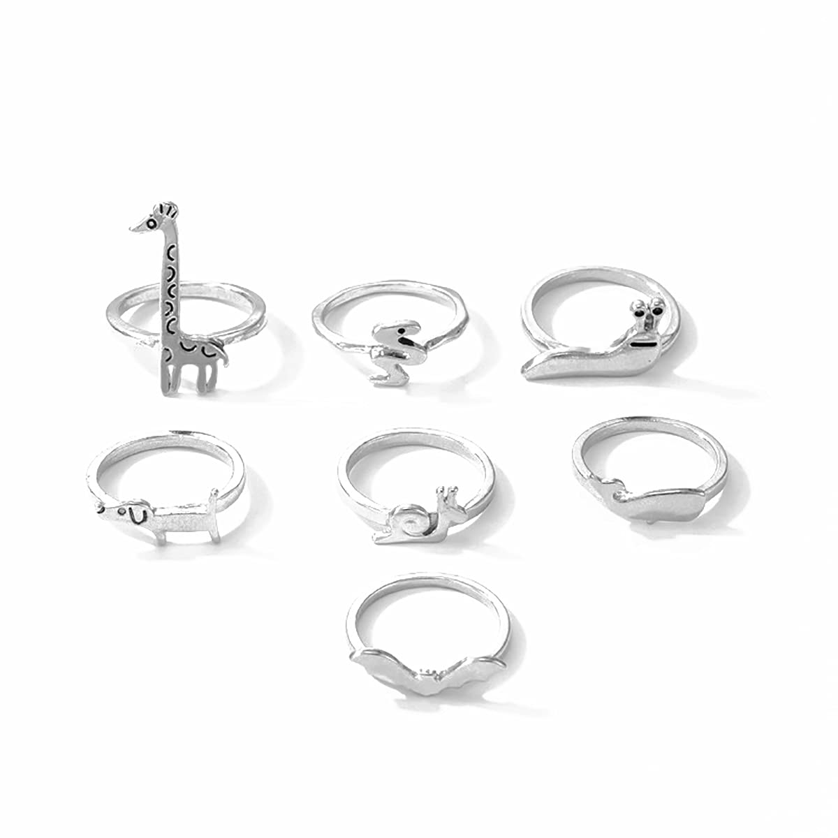 HUJUON 7Pcs Cute Animal Knuckle Rings Set,Silver Snake Snails Finger Ring,Bat Giraffe Multiple Rings,Pet Dog Stackable Midi Joint Rings for Women Girls (Silver 7Pcs)