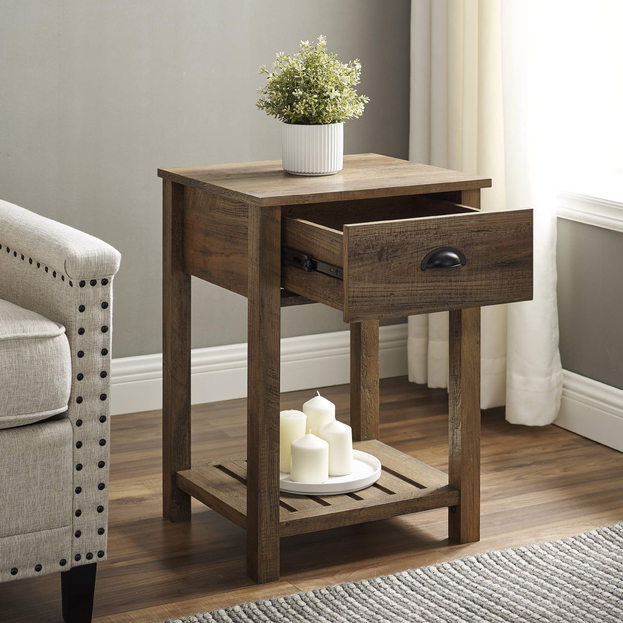 Walker Edison Farmhouse Square Side Accent Table Set-Living-Room Storage End Table with Storage Door Nightstand Bedroom, 18 Inch, Rustic Oak