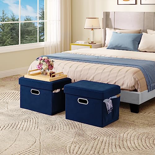 YITAHOME Foldable Storage Ottomansā Velvet Tufted Ottomans with Lid, Multipurpose Organizers for Bedroom, Living Room, Dorm or RV (Set of 2, Blue)