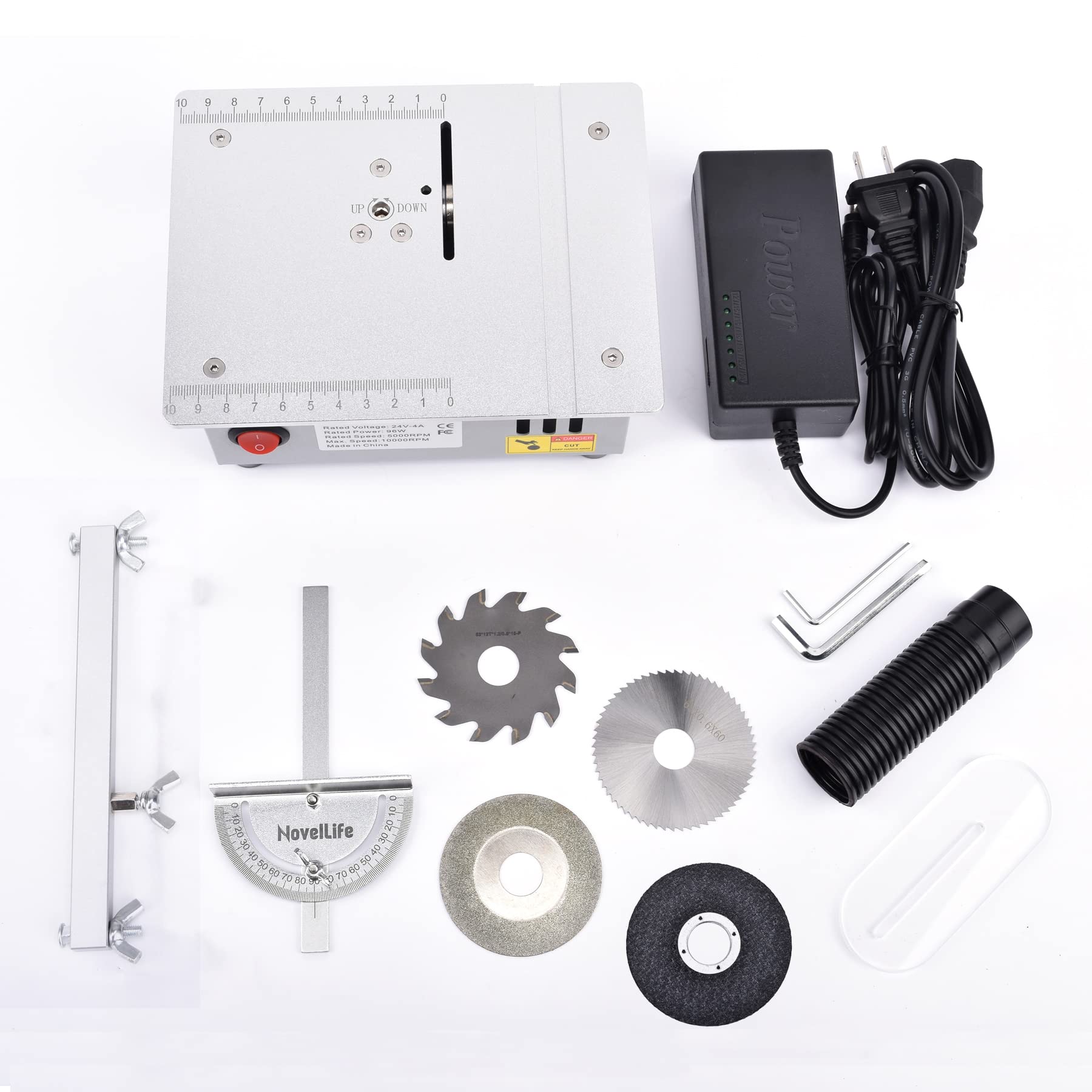 NovelLife Mini Hobby Table Saw Handmade Woodworking Bench Saw DIY Model Crafts Cutting Tool with Adjustable Power Supply 63mm HSS Circular Saw Blade (R2)