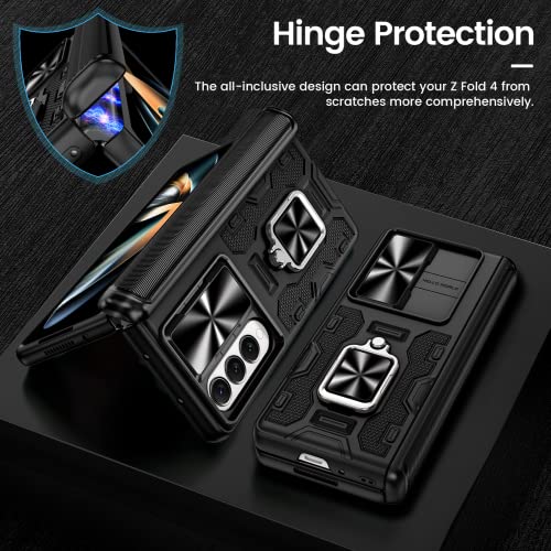 VEGO for Galaxy Z Fold 4 Case with Belt Clip Holster, 360°Ring Magnetic Kickstand & Camera Cover & Front Screen Protector, Hinge Protection Shockproof Armor Case for Samsung Z Fold 4 - Midnight Black