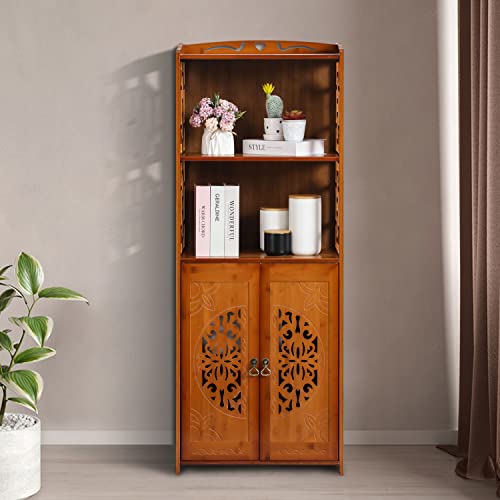 MoNiBloom 4 Tier Bookcase with Storage Cabinet, Bamboo Book Shelves Display Shelf with Carved Door for Home Office Living Room Study Room, Brown
