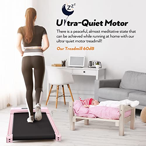 Walking Pad Treadmill, 2.5HP Under Desk Treadmill Portable, Desk Treadmill for Office Under Desk, Walking Treadmill Electric Quiet for Home/Apartment/Flat with Remote Control and LED Dispaly Pink