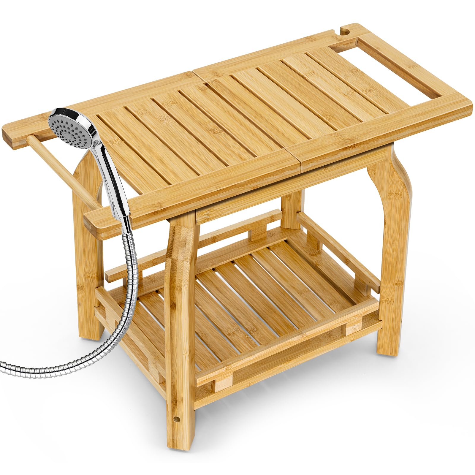 TEAKMAMA 2-Tier Bamboo Shower Bench, 25" Waterproof Shower Stool with Storage Shelf, Shower Chair Bath Seat with Handle for Bathroom Bathtub Elderly Disabled