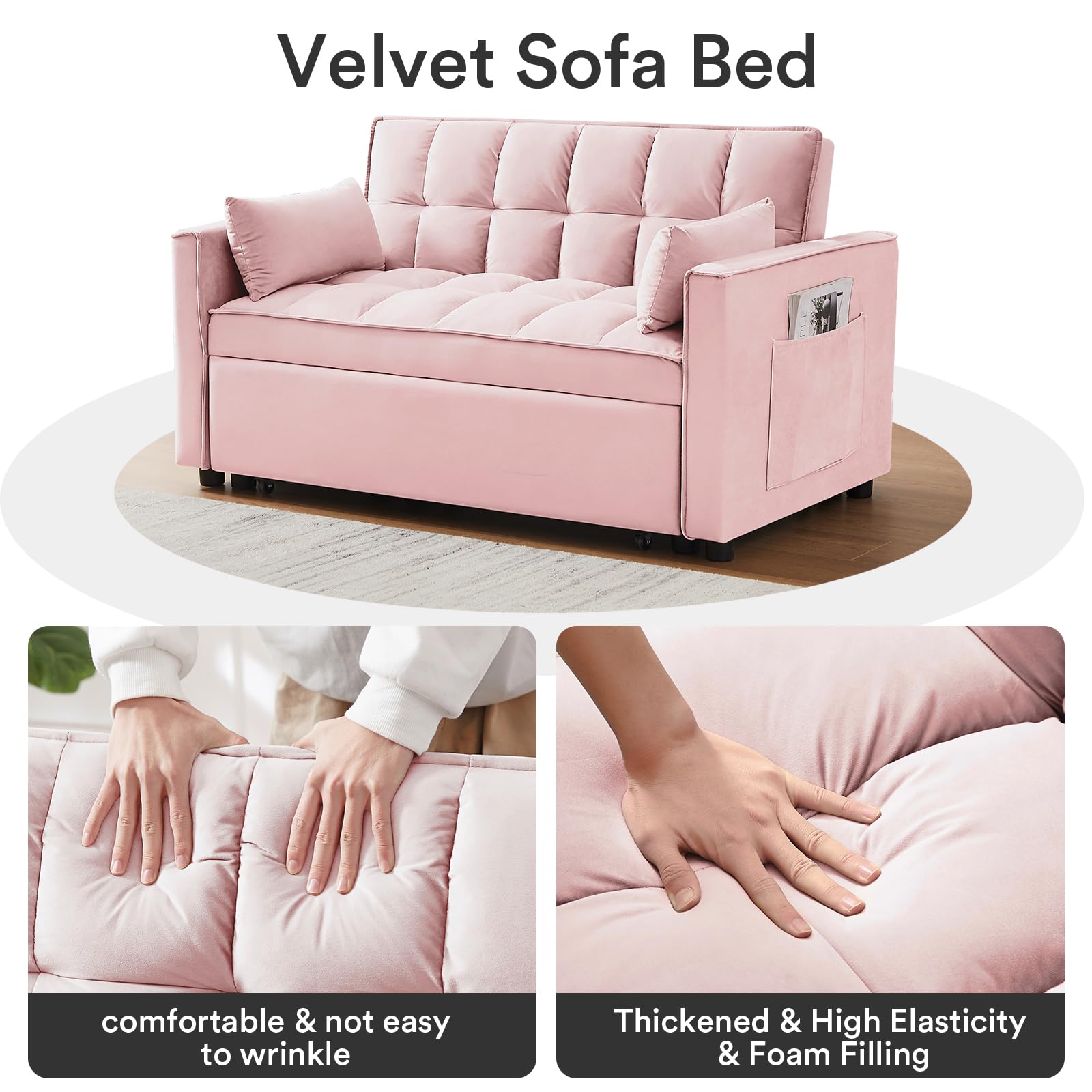 Rovibek 3 in 1 Sleeper Sofa Couch Bed Convertible Sofa Bed Pull Out Futon Loveseat Velvet Chaise Lounge 2 Seat for Living Room Apartment Small Space, Adjustable Backrest, Pillows, White