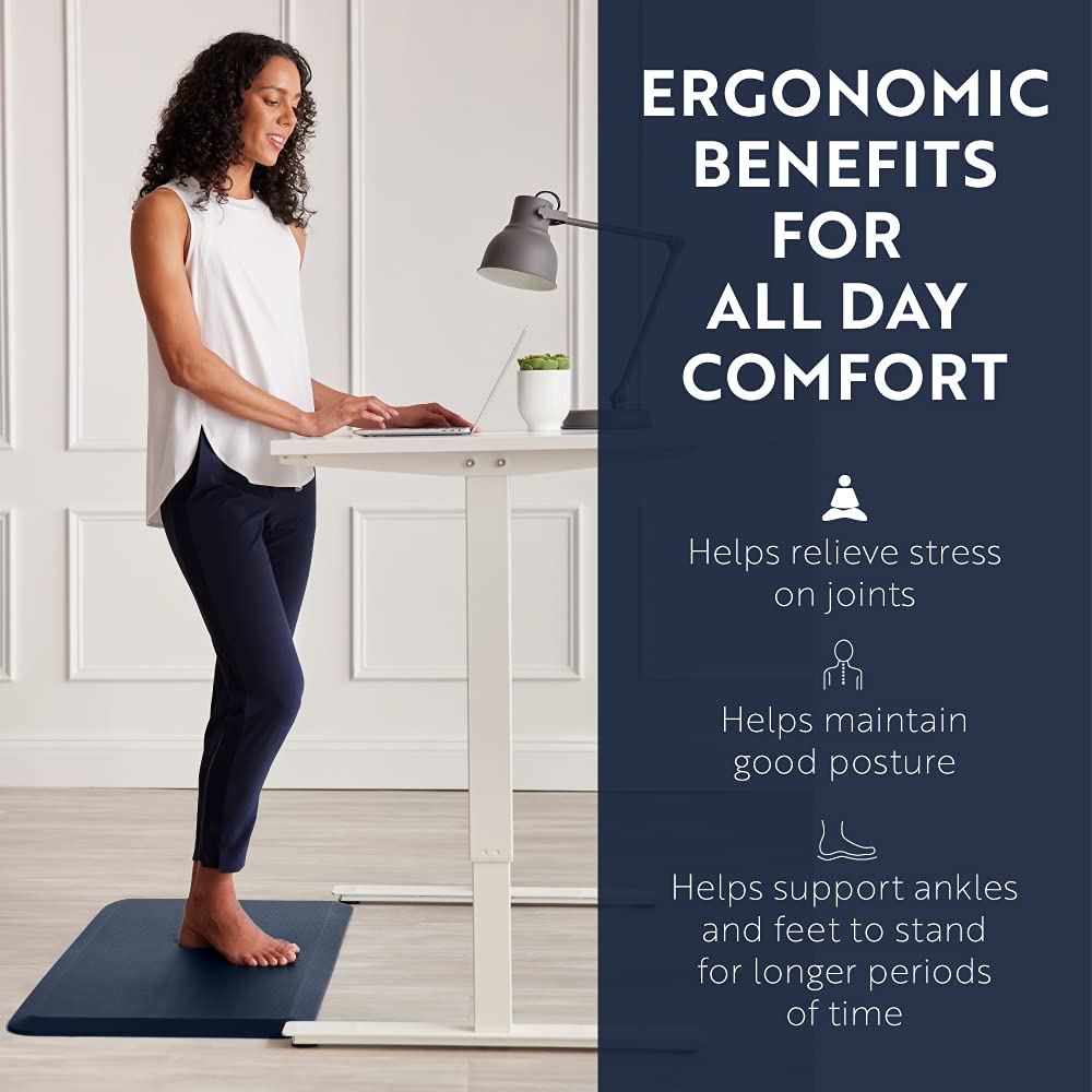 Kangaroo Anti Fatigue Cushion Mat and Chenille Bath Rug, Antifatigue Mat Size 32x20, Foam Pad Relieves Pressure, Bath Rug Size 36x24, Machine Washable, Both in Navy, 2 Item Bundle