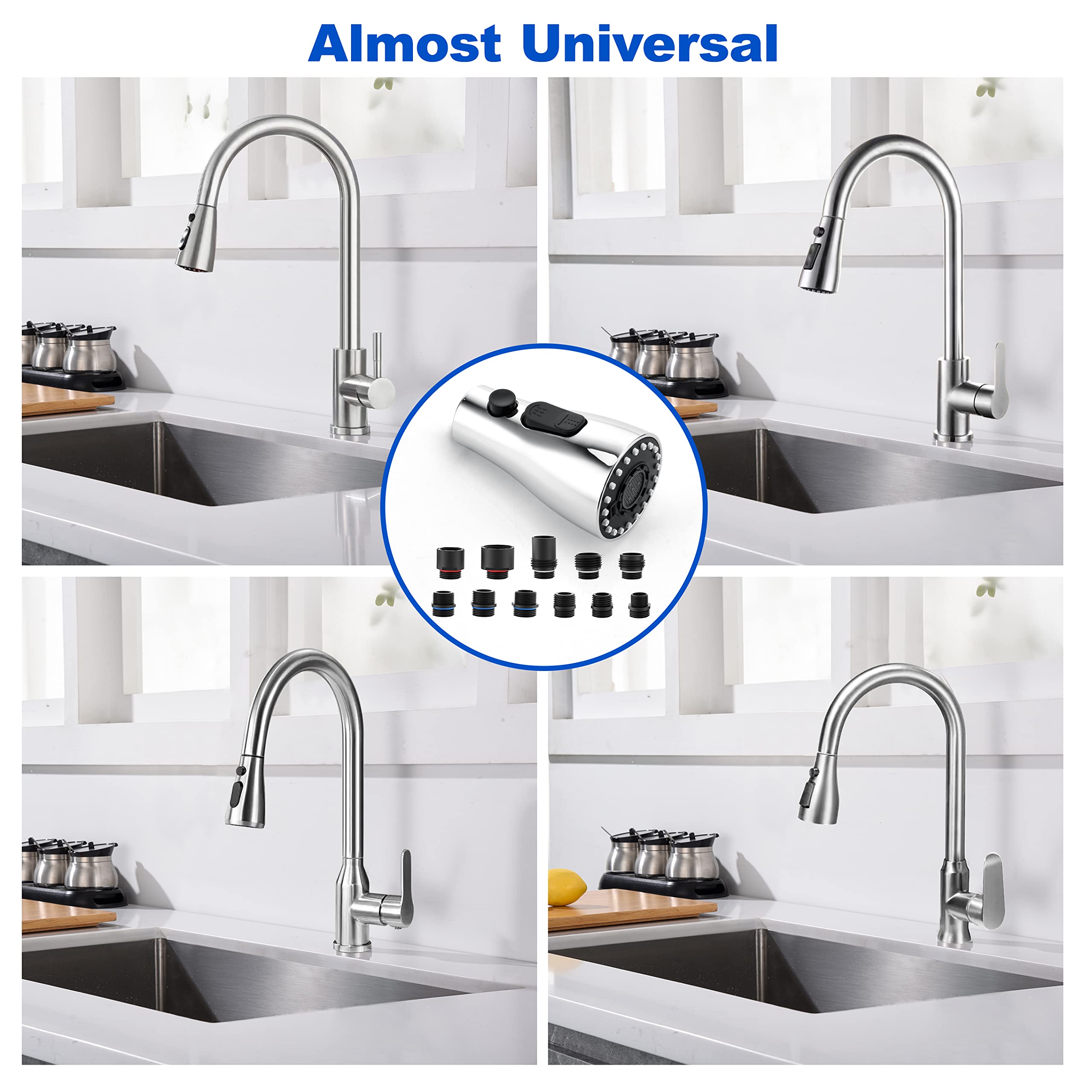 Pull Down Kitchen Faucet Sprayer Head Replacement Part, 3 Function kitchen Sink Faucet Replacement Nozzle, Spray Head for American Standard Faucets, Kohler, Hansgrohe, Grohe, Moen, Delta, Chrome
