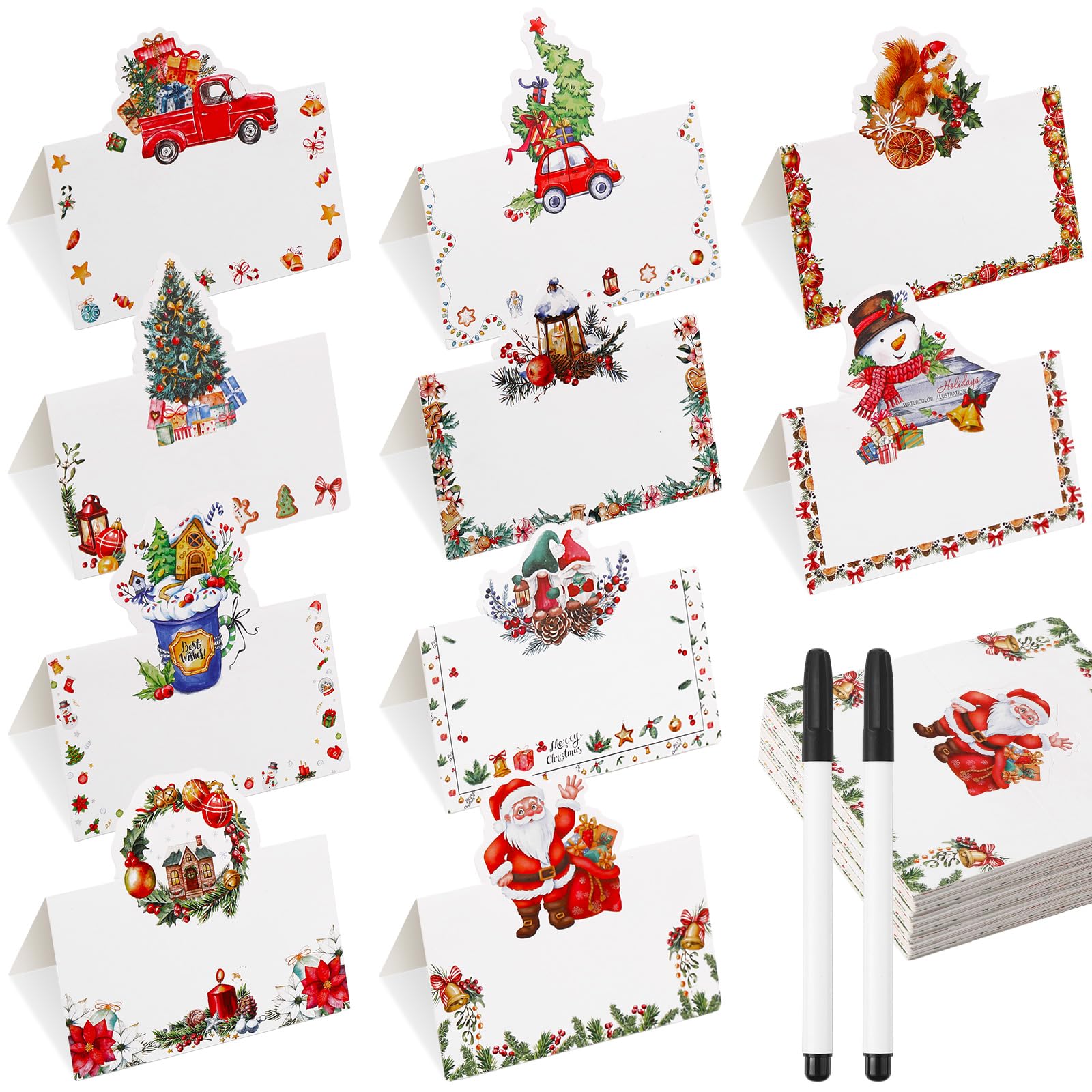 Tenceur 100 Pcs Christmas Place Cards for Table Setting Blank Christmas Table Name Place Cards Holders with 2 Pens Tented Rustic Folded Dinner Name Tags for Xmas Brunch Birthday Holiday Party 10 Style