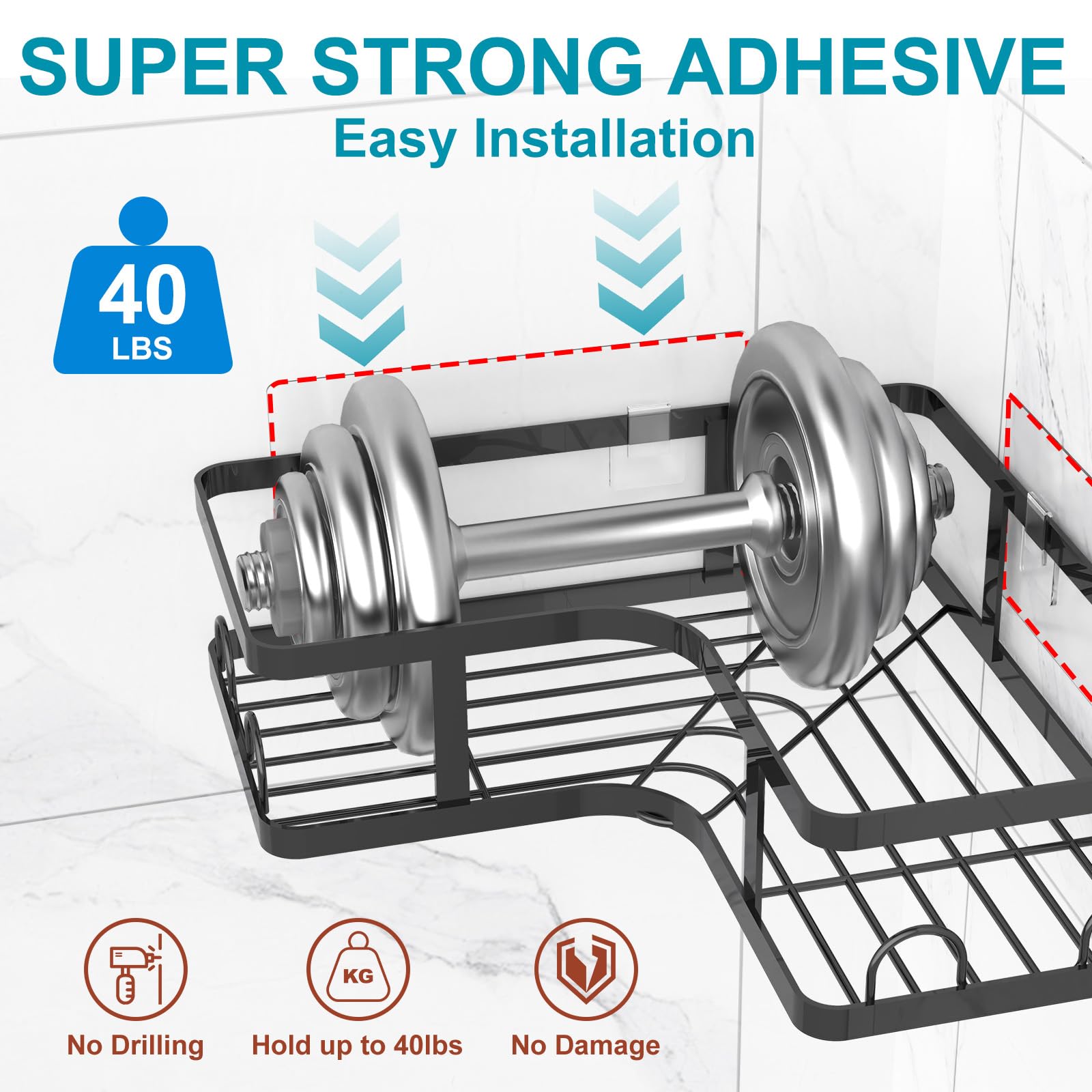 Prlsca 5 Pack Corner Shower Caddy,Large Capacity Adhesive Shower Organizer with Soap Holder & Toothpaste,No Drilling Stainless Steel Shower Shelves with Hooks for Bathroom, Dorm and Kitchen(Black)
