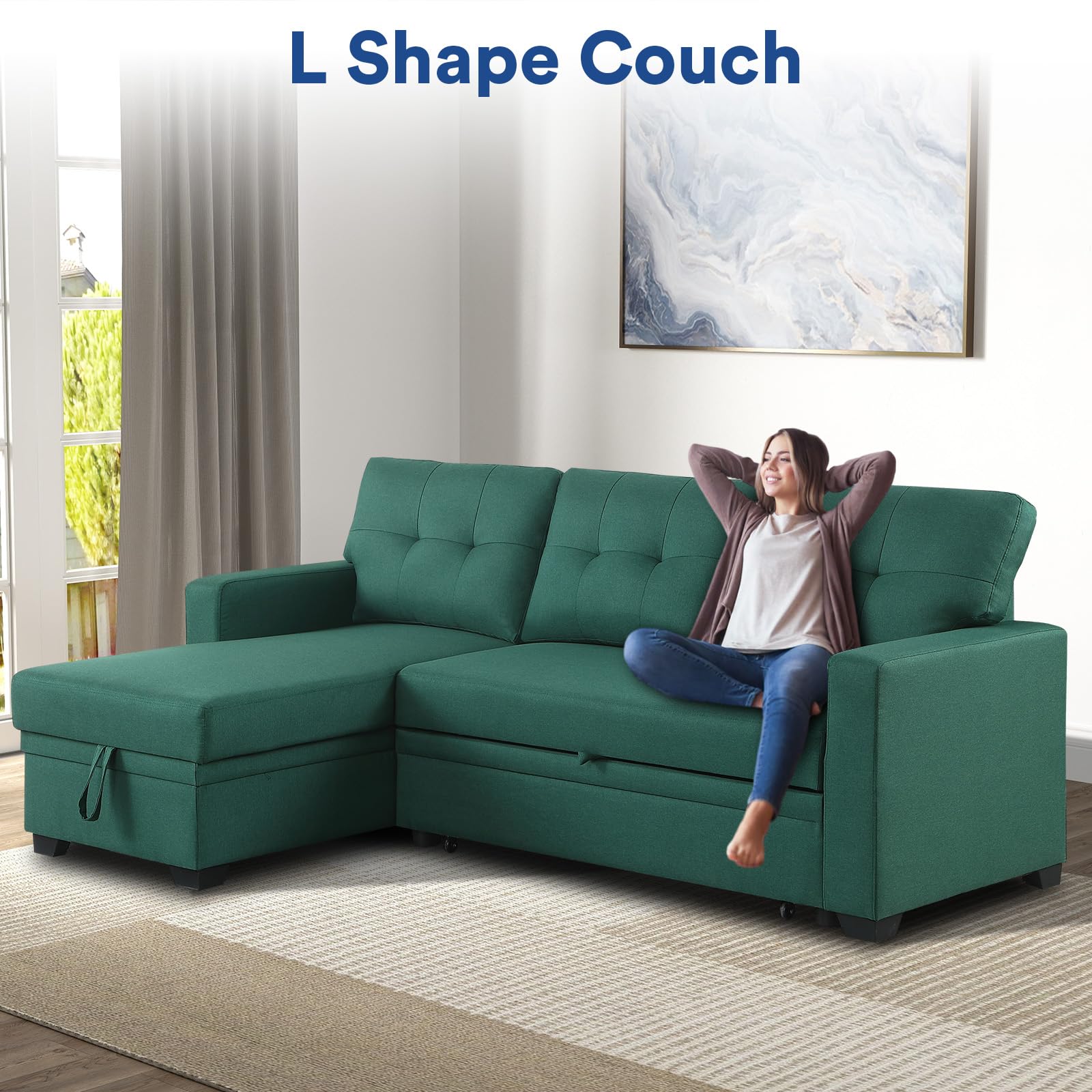 Rovibek 4-in-1 Convertible L Shaped Couch with Pull Out Bed and Storage, Sectional Sleeper Sofa with Reversible Chaise for Living Room, Apartment, Bedroom, Office