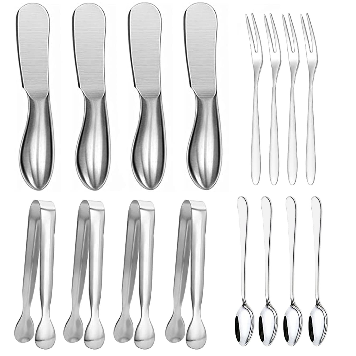 Linwnil Stainless Steel Spreader Knife Set,4pcs Cheese Butter Spreader Cheese Slicer Knife 4pcs Mini Serving Tongs 4pcs Spoons and 4pcs Forks