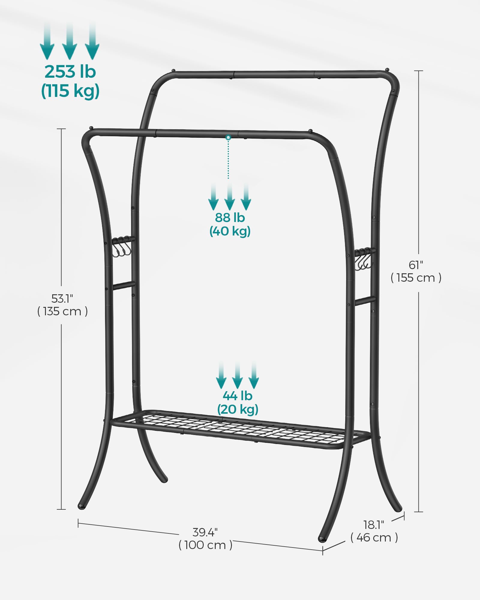 SONGMICS Clothes Rack, Clothing Rack with Shelves, Garment Racks Heavy Duty, Double Rod Clothes Rack with 6 Hooks, Clothes Storage and Display, for Living Room, Bedroom, Ink Black UHSR109B01
