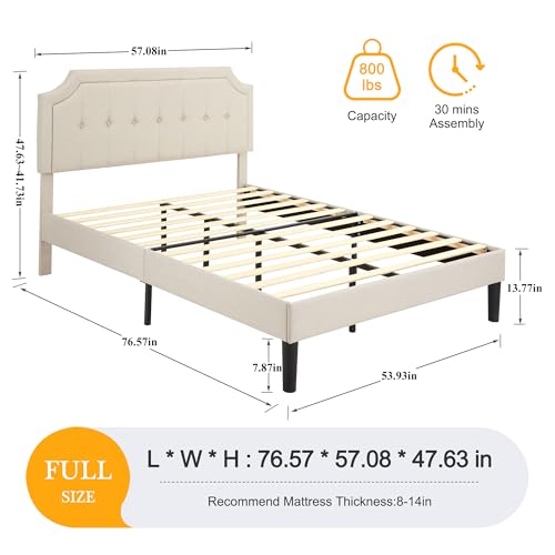 VECELO Full Size Platform Bed Frame with Fabric Upholstered Headboard and Wooden Slats Support, No Box Spring Needed/Easy Assembly,Beige