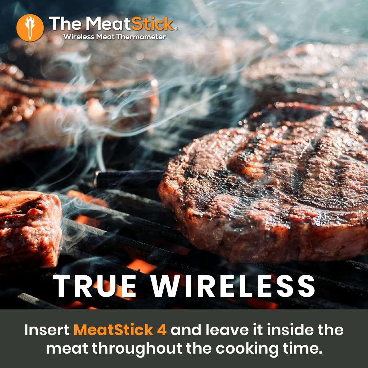 MeatStick 4 (One Probe Set) | Quad Sensors Smart Wireless Meat Thermometer | Digital Food Probe with Bluetooth | for Smoking, Grilling, BBQ, Air Fryer, Deep Frying, Oven, Rotisserie | Limited Range