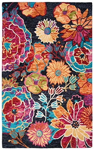 Safavieh Aspen Collection Accent Rug - 2' x 3', Charcoal & Blue, Handmade Boho Floral Wool, Ideal for High Traffic Areas in Entryway, Living Room, Bedroom (APN520H)