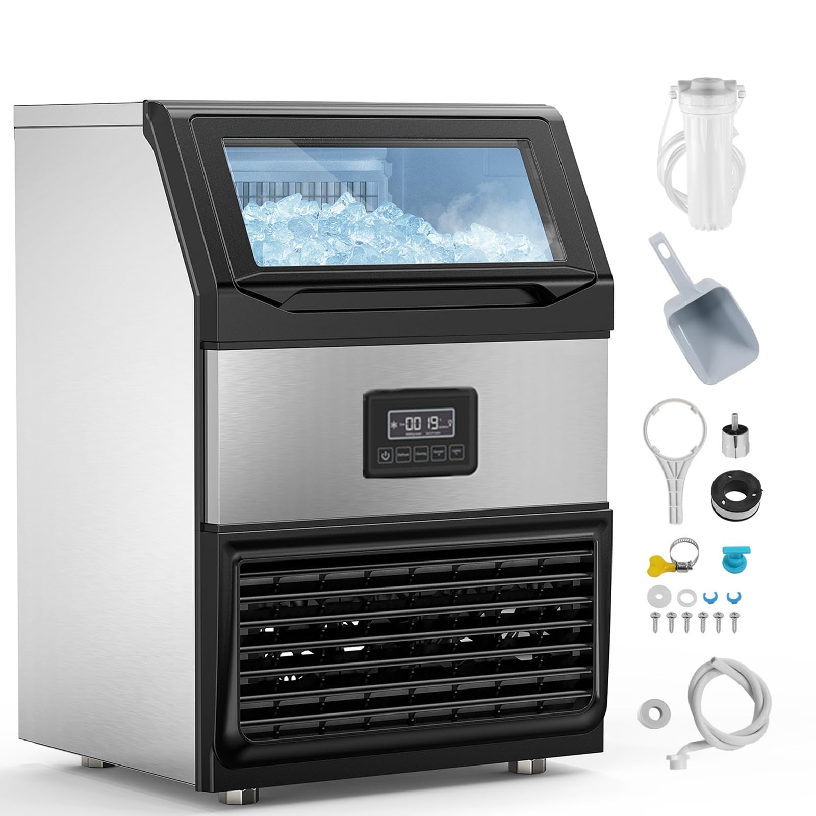 ROVSUN 360lbs/24h Commercial Ice Maker, Freestanding Ice Machine with LED Control Panel & 77lbs Storage Bin, Perfect for Restaurant Bar Cafe Home Office, Includes Scoop & Connection Hose