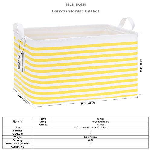 Sea Team 2-Pack Collapsible Canvas Fabric Storage Basket with Handles, Rectangle Waterproof Storage Bin, Box, Cube, Foldable Shelf Basket, Closet Organizer, 16.5 x 11.8 x 9.8 Inches, Yellow Stripe