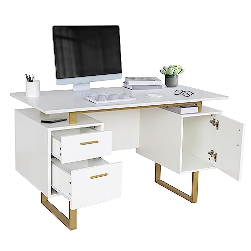 Techni Mobili Storage Drawers and Cabinet 51.25β W-Modern Office Large Floating Desktop Surface Desk, 23.6" D x 51.2" W x 29.8" H, White/Gold