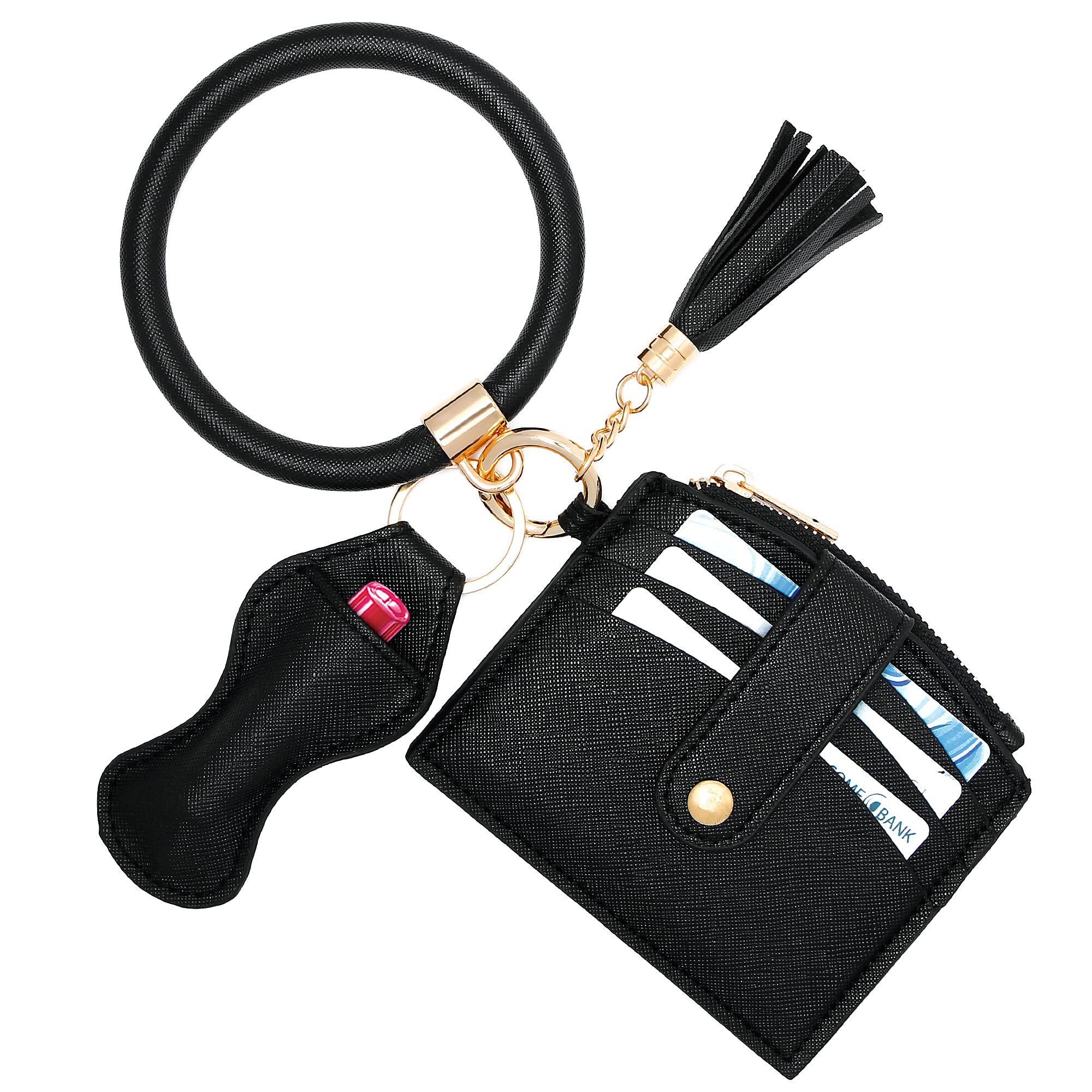 KUKOO Wristlet Bracelet Keychain Wallet for Women Credit Card Holder Tassel Keyring Bangle Lipstick Holder with Gift Box