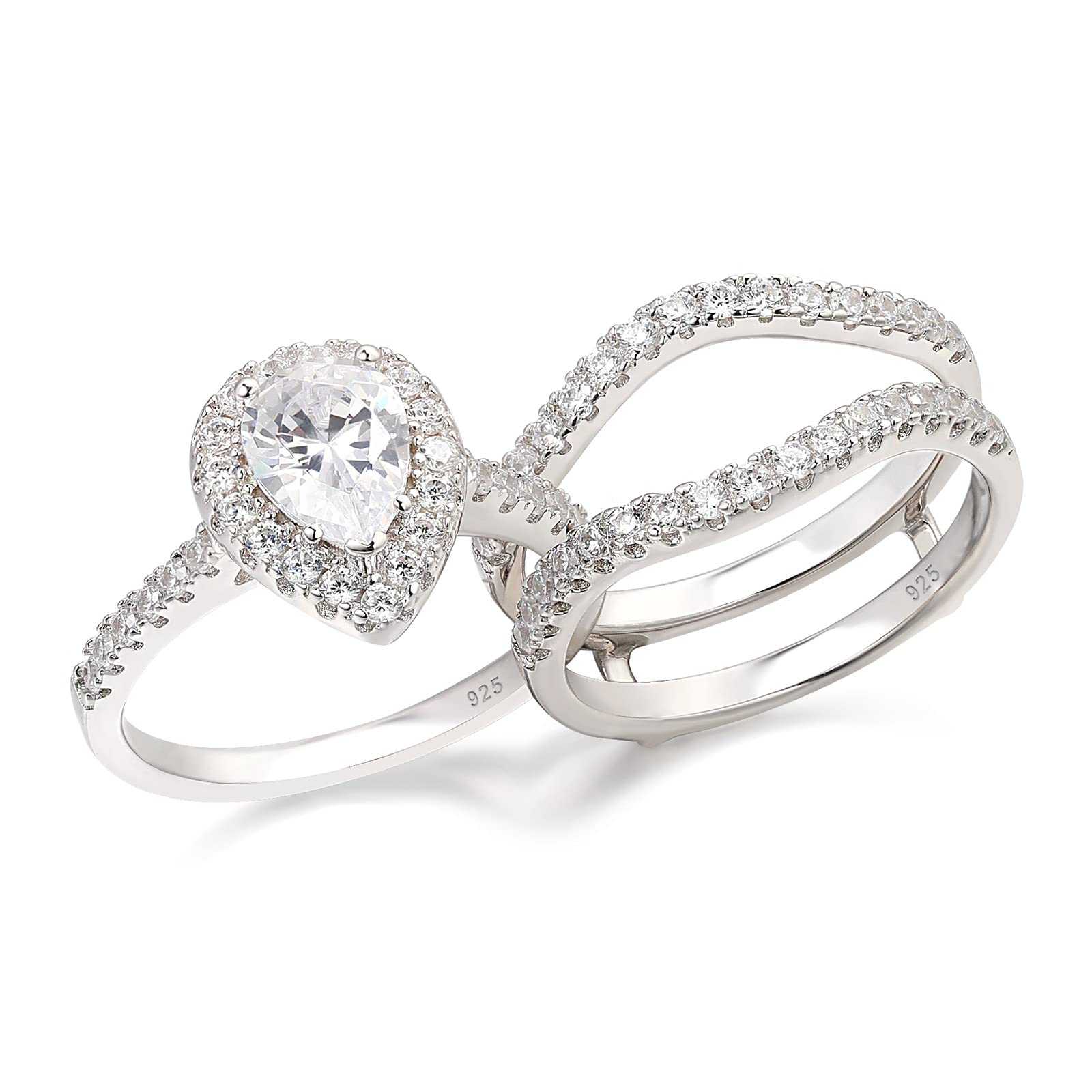 LONGLITER Pear&Oval Cut AAAAA CZ Engagement Rings Set For Women 925 Sterling Silver Adjustable Ring Enhancer Wedding Jewelry