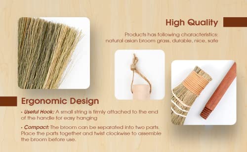 MISCRANAST. Small Natural Whisk Broom with Wood Handle Retro Nature. Vietnamese Soft Straw Broom for Cleaning. Use it as a Decoration, Wedding, Witch Broom, Broomstick Halloween, Mini Straw Broom