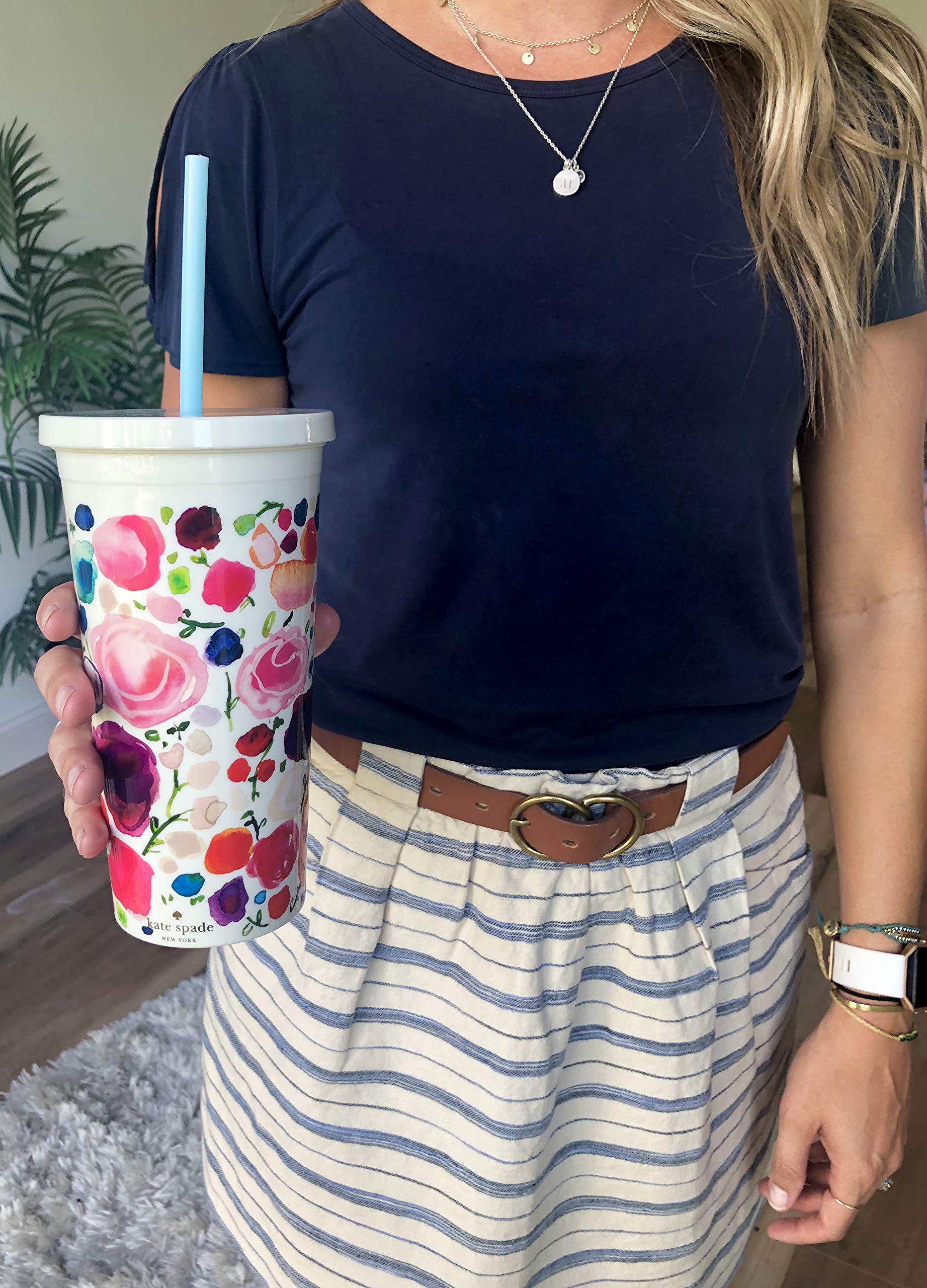 Kate Spade New York Insulated Plastic Tumbler With Reusable Straw, 20 Ounce Travel Cup, Floral