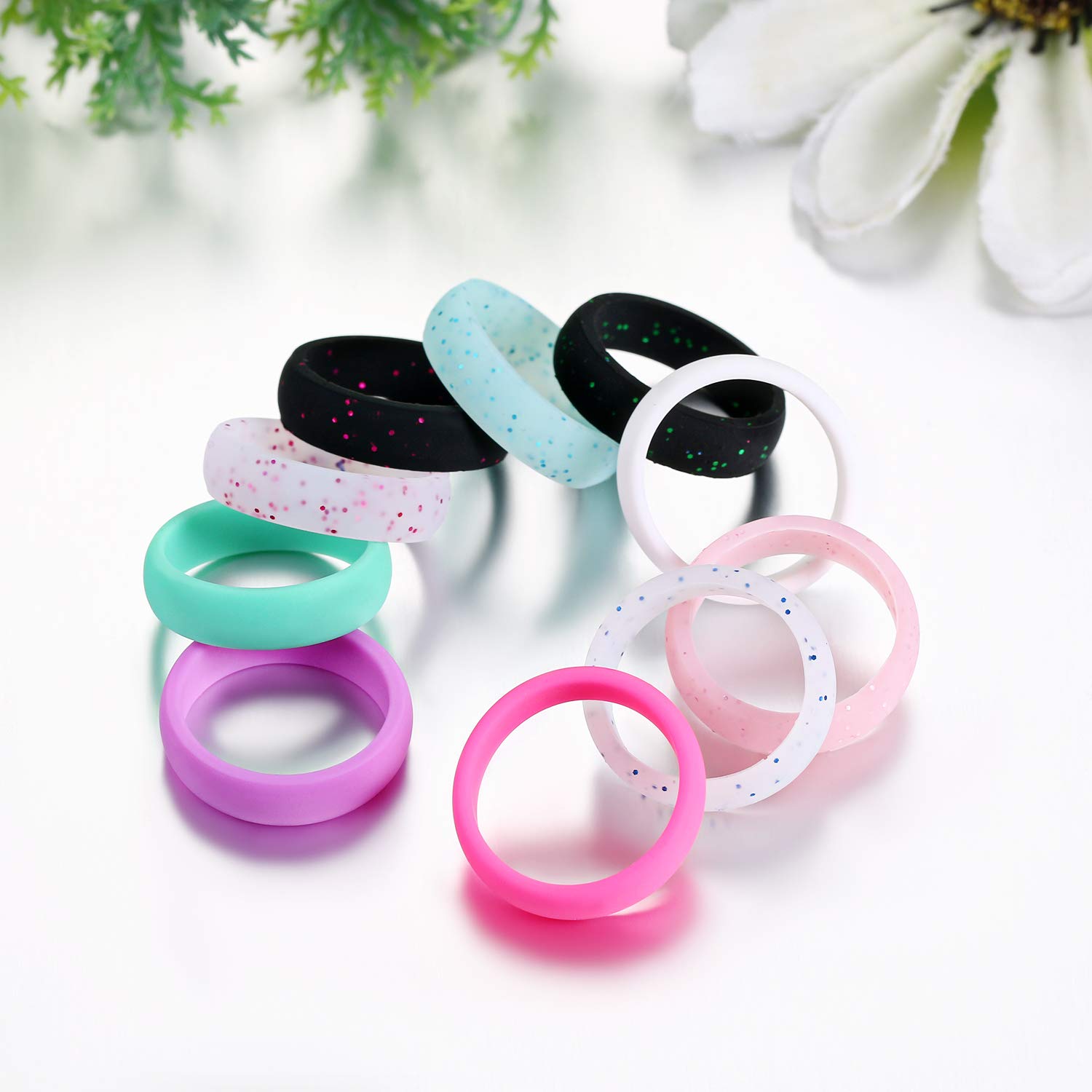 LONGLITTER 10PCS/SET Silicone Glitter Wedding Bands Hypoallergenic Couple Rubber Flexible Silicone Finger Ring 5.7mm Width - Colorful - 5