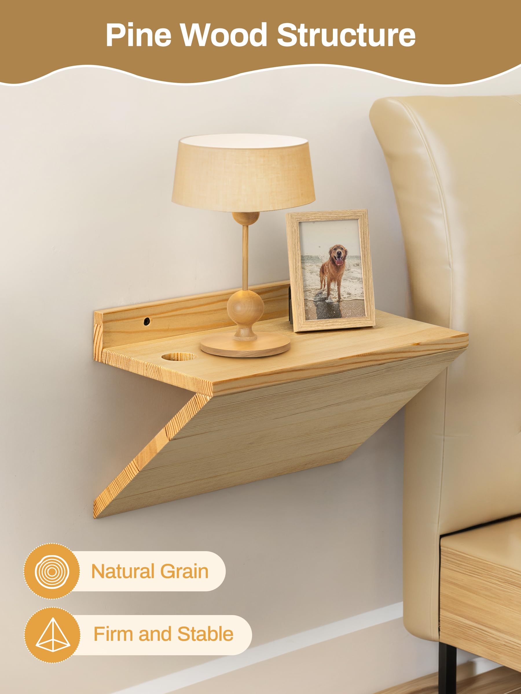 Sivapleso Floating Nightstand Set of 2, Natural Solid Wood Floating Bedside Tables Small Wall Mounted Nightstand Hanging for Bedroom