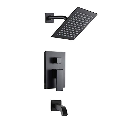 POP SANITARYWARE Black Tub and Shower Faucet Set Bathroom Luxury Rain Mixer 8 Inch Shower Head System with Tub Spout Single Handle Tub and Shower Trim Kit with Valve