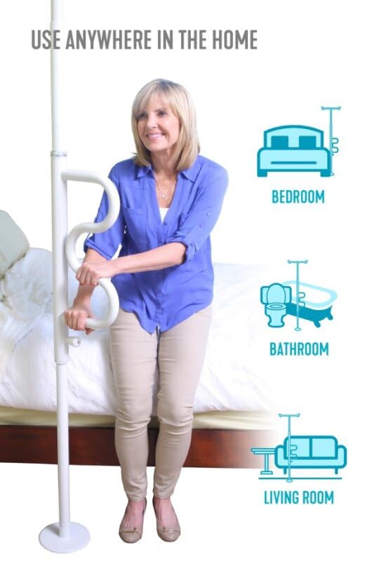 Stander Security Pole and Curve Grab Bar, Elderly Tension Mounted Floor to Ceiling Transfer Pole, Bathroom Safety Assist and Stability Rail, Iceberg White