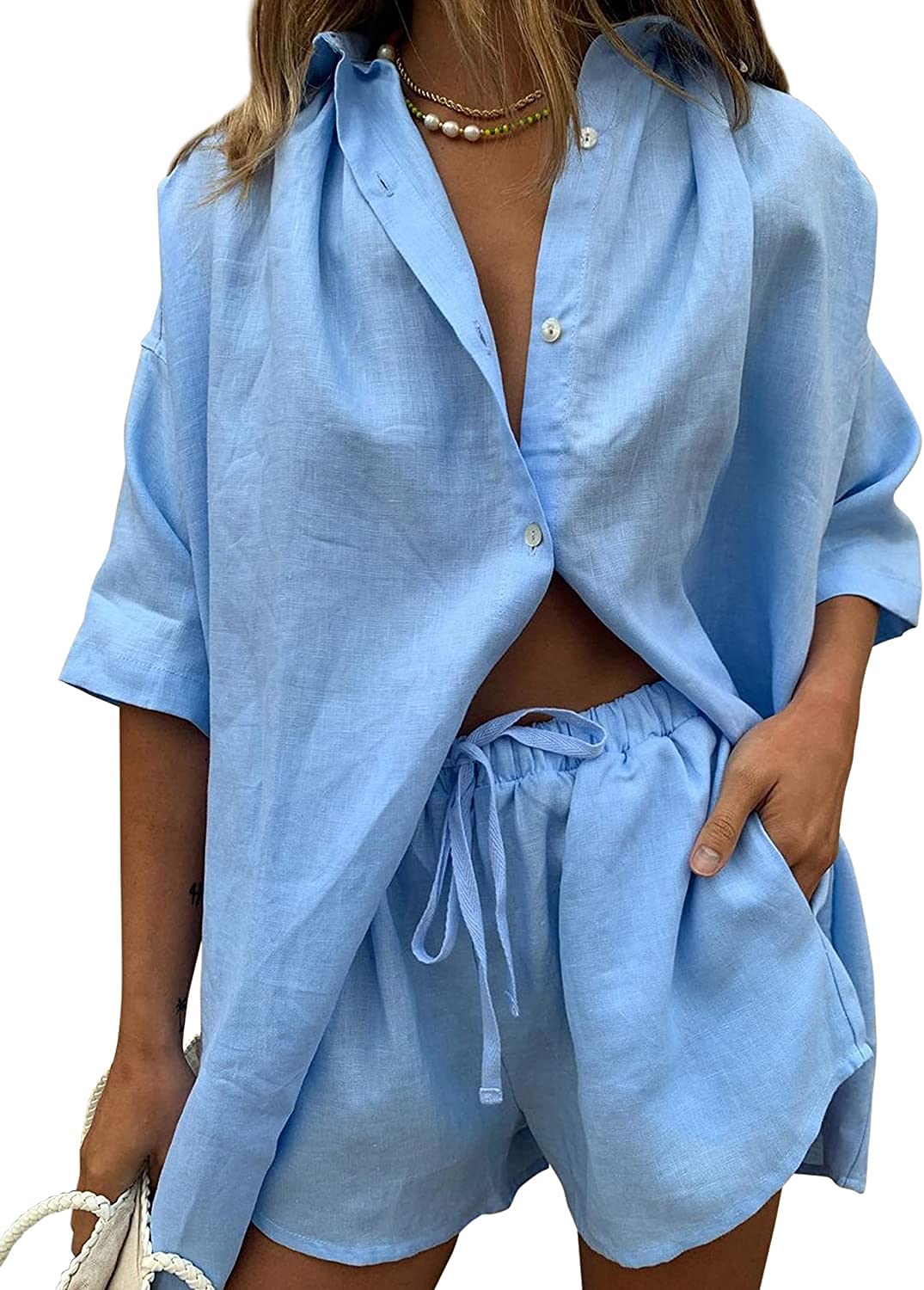 KVV Womens 2 Piece Outfits Casual Loungewear Sets Stripe Long Sleeve Shirt And Loose High Waisted Mini Shorts Set(BU-M)