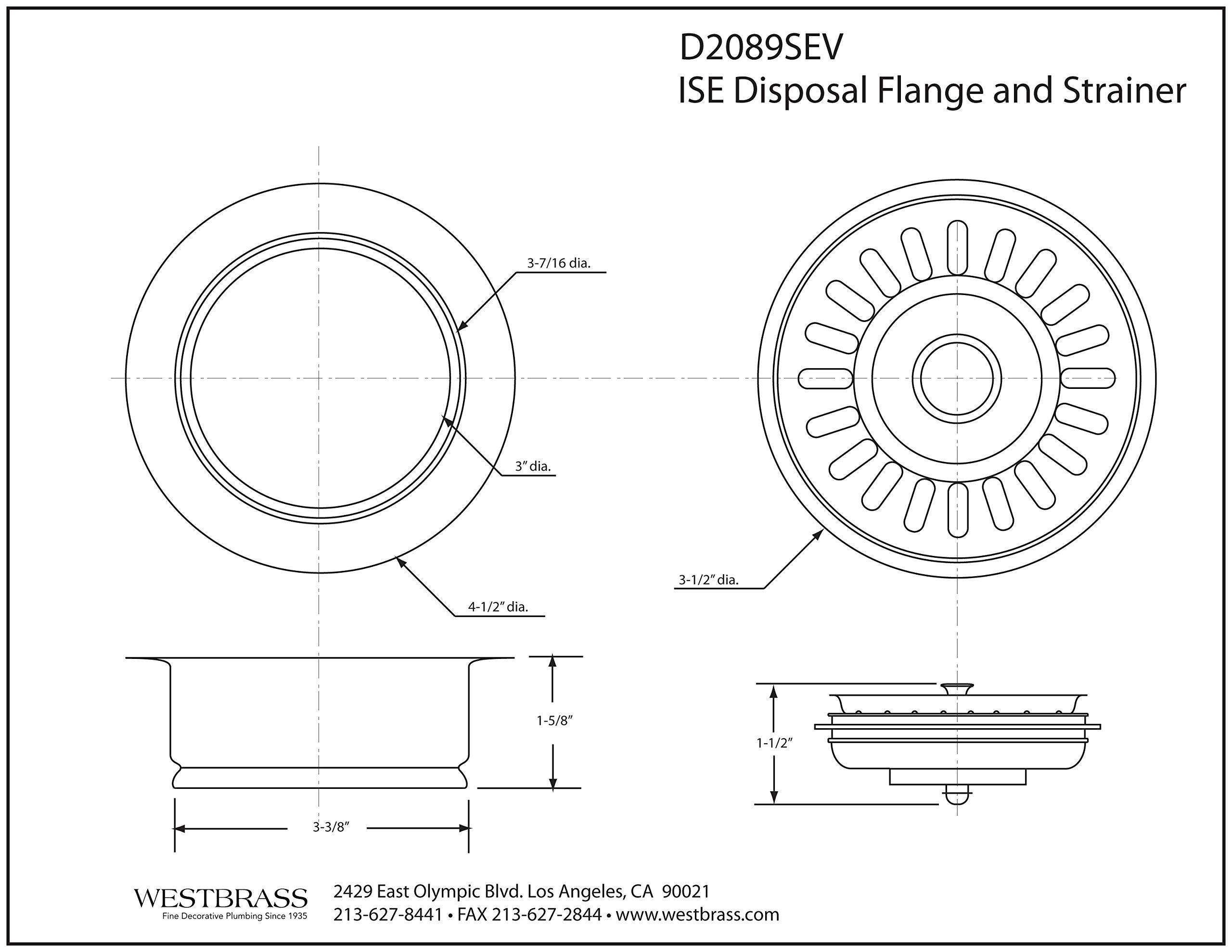 Westbrass D2089SEV-26 3-1/2" Kitchen Sink Waste Disposal Drain Flange and Basket Strainer, Polished Chrome