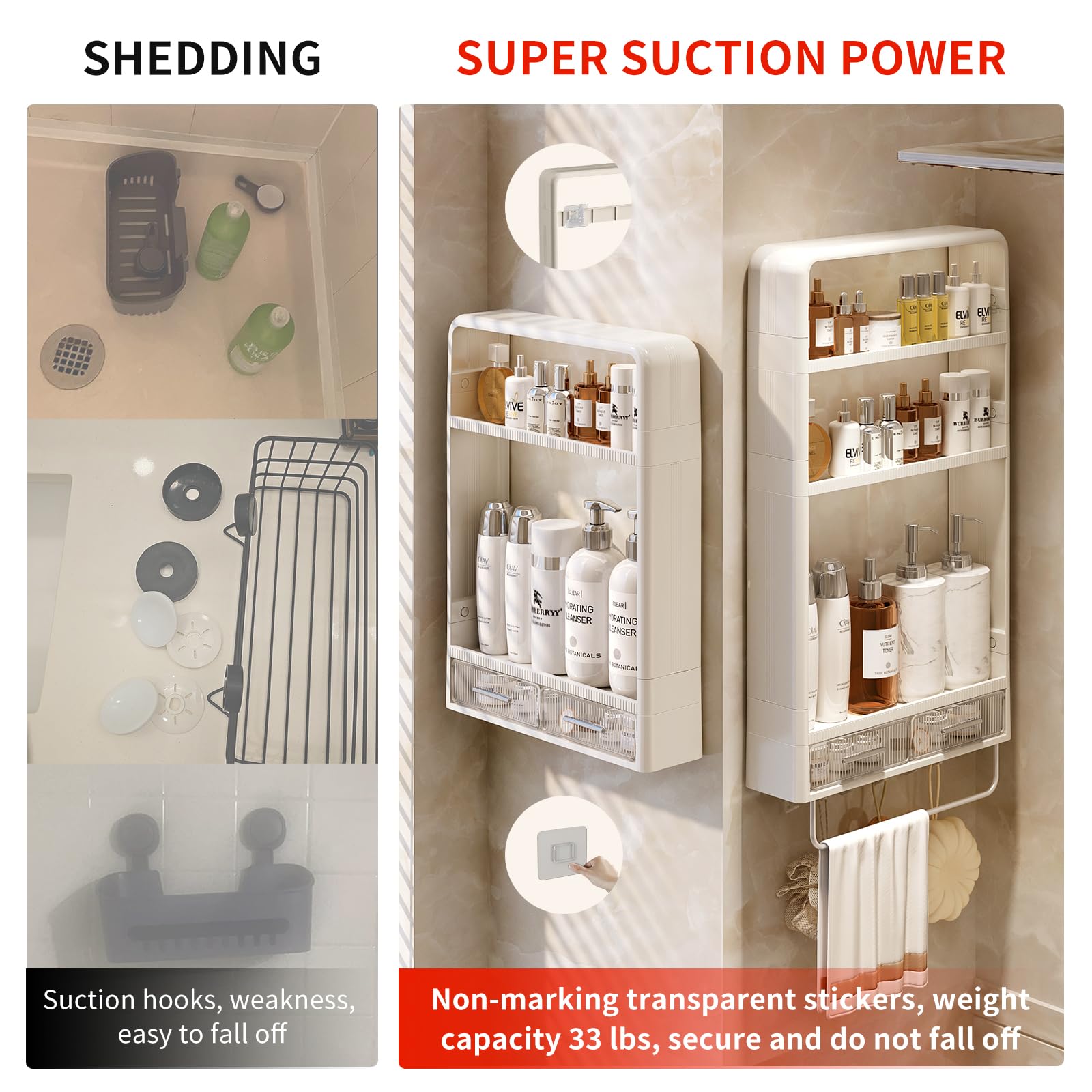 TEABAN Shower Caddy Shelves for Wall: No Drilling 3-Layer Shower Organizer Shower Storage - Large Adhesive Shower Rack