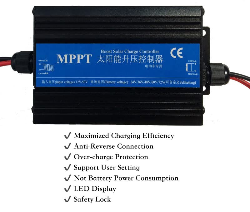 MPPT Solar Charge Controller LED Display Solar Panel Battery Regulator Charge Controller Max 300W for Lithium Lead-Acid Lithium Iron Batteries 24V/36V/48V/60V/72V