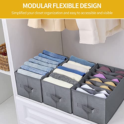 Wardrobe Clothes Organizer, 2 Pack Durable 7 Grids Clothes Organizer for Folded Clothes, Washable Closet Drawer Storage Organizer for Large Bra, Clothes, Pants, Jeans, T-Shirt, Medium, Drak Grey