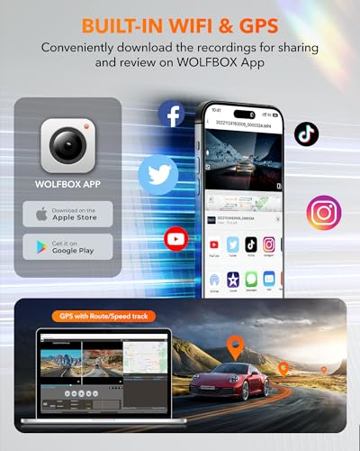 WOLFBOX 4K Dash Cam Front and Rear, Dash Cam with GPS WiFi UHD 2160P/1600P + 1080P,Dash Camera for Cars with 32G SD Card, WDR, Night Vision, Loop Recording,170°FOV