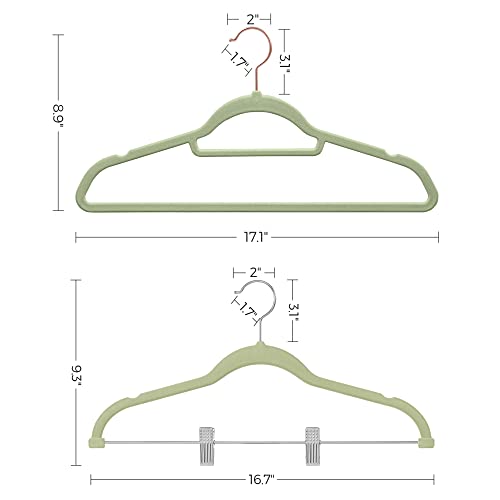 SONGMICS 30-Pack Pants Hangers and 50-Pack Clothes Hanger Bundle, Velvet Hangers with Adjustable Clips, Non-Slip, and Space-Saving, Pale Green UCRF012GR30 and UCRF021GR50