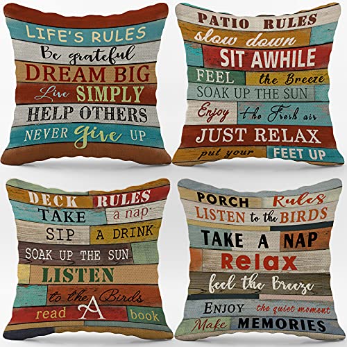 Porch Deck Patio Life's Rules Throw Pillow Case, 18 x 18 Inch Set of 4, Front Porch Bench Decorations, Housewarming Gift, Porch Decor, Patio Sofa Decor, Backyard Pillows Cover for Sofa Couch Bed