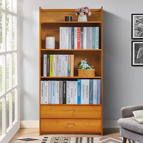 MoNiBloom 4 Tier Bookcase with 2 Drawers, Bamboo Large Multifunctional Shelf Storage Organizer Book Display Shelves for Home Living Room Office, Brown
