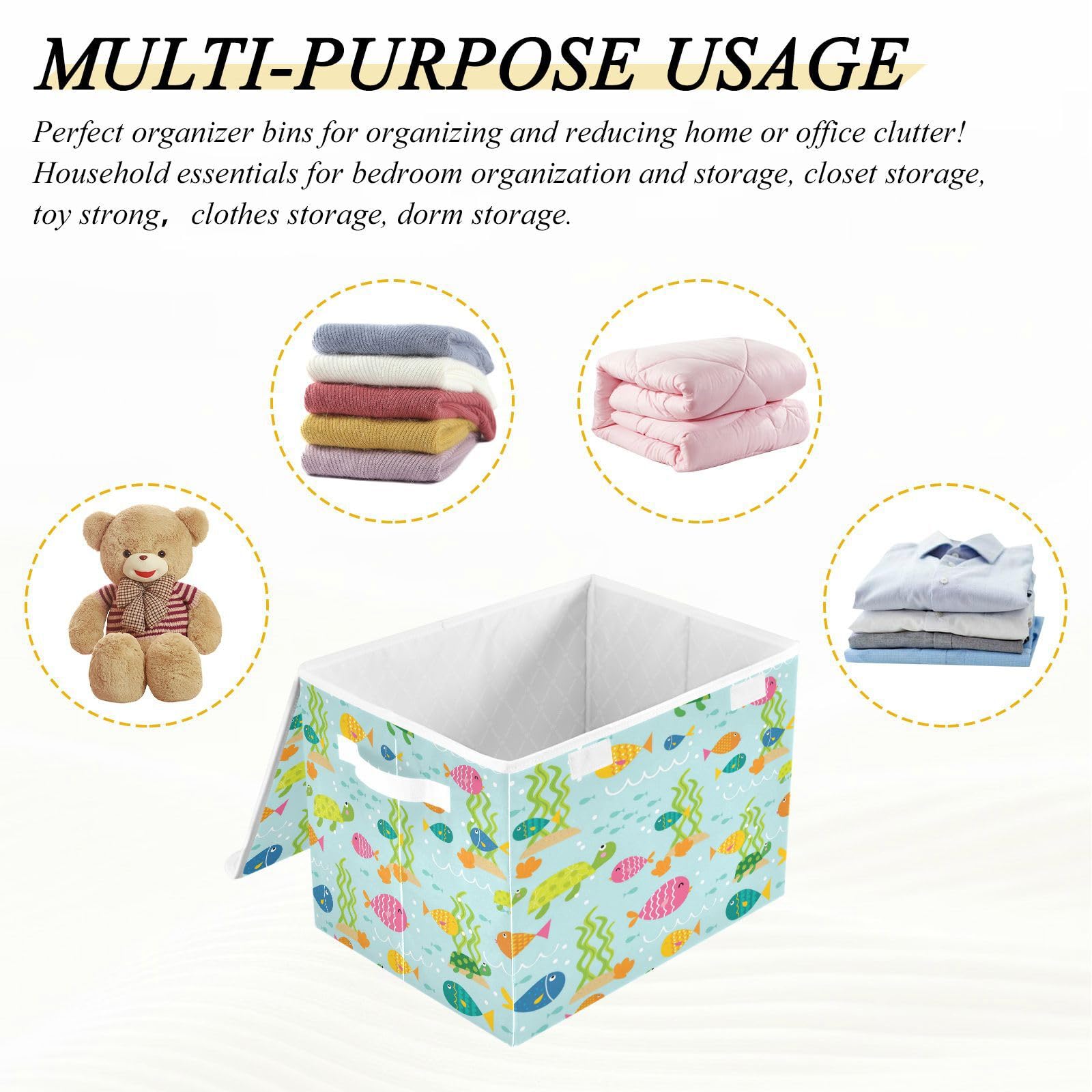 YETTASBIN Ocean Animals Storage Basket with Lid and Handles, Large Collapsible Fabric Storage Bins Durable Storage Organizer for Shelves, Closet, Bedroom, School, Office, Home Decor