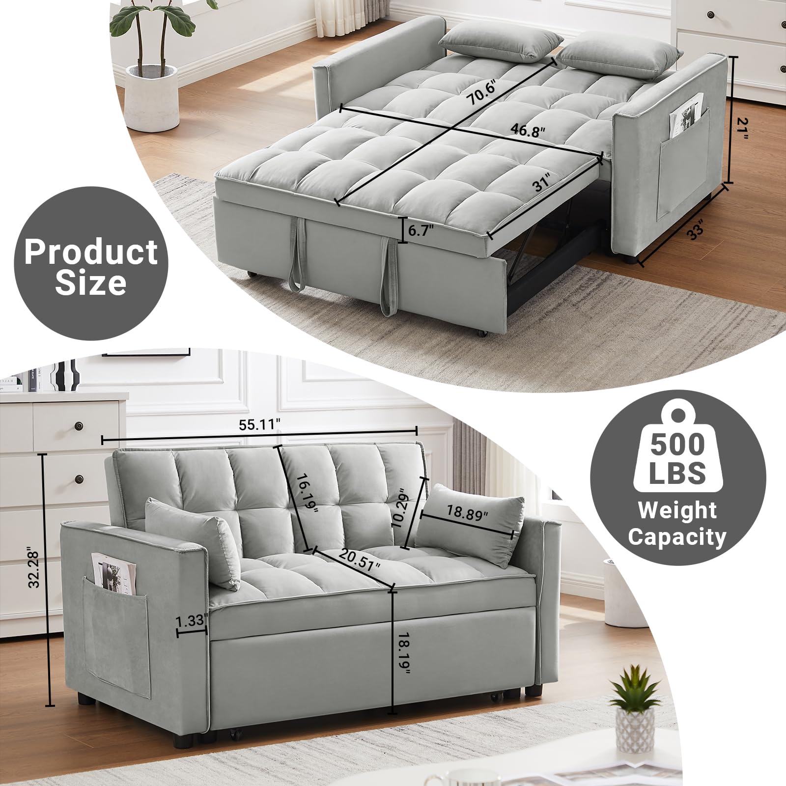 Skepphlay 3 in 1 Convertible Sofa Bed, Pull Out Couch with 3-Level Adjustable Backrest, Sleeper Loveseat Recliner with Storage and Pillows, Velvet Chaise Lounge for Living Room, Grey