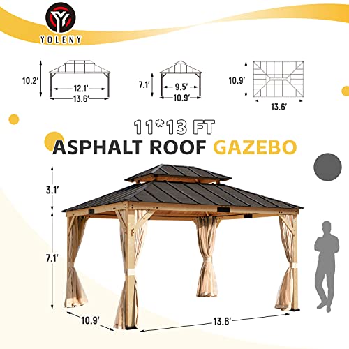 YOLENY 11' x 13' Solid Spruce Wood Gazebo, Hardtop Gazebo with Coated Wood Frame, Waterproof Asphalt Double Roof, Nettings and Curtains for Lawns, Gardens, Decks, and Patios